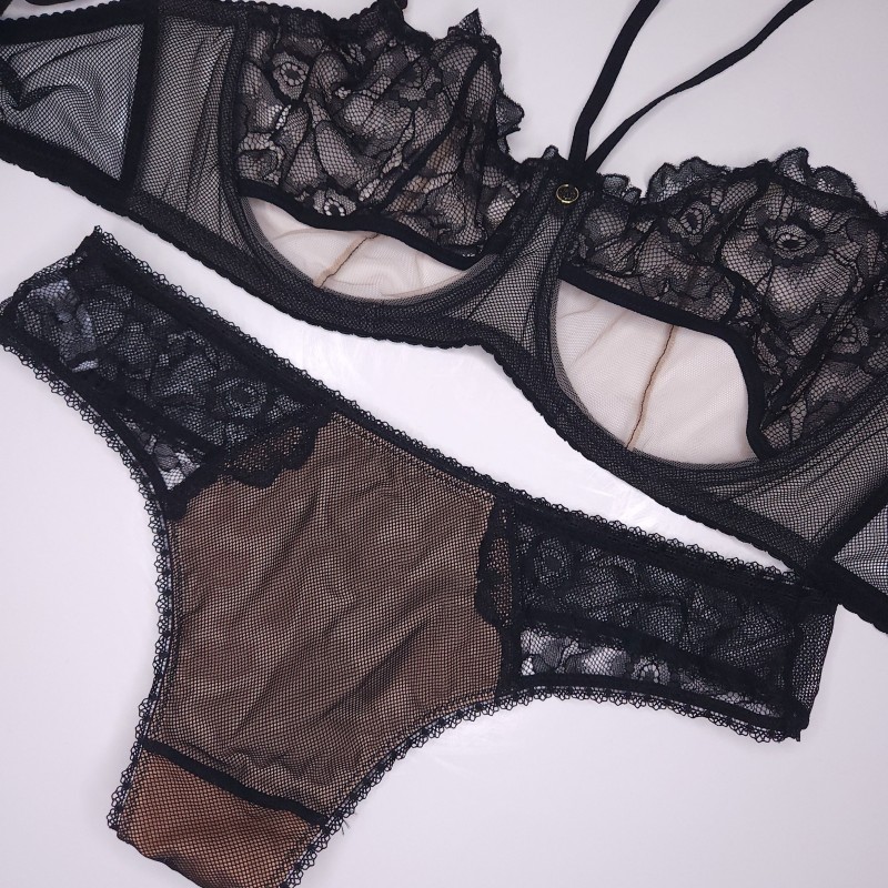 Lace Eclipse: Strappy Black Lace Mesh Bra for Men – AA Cup