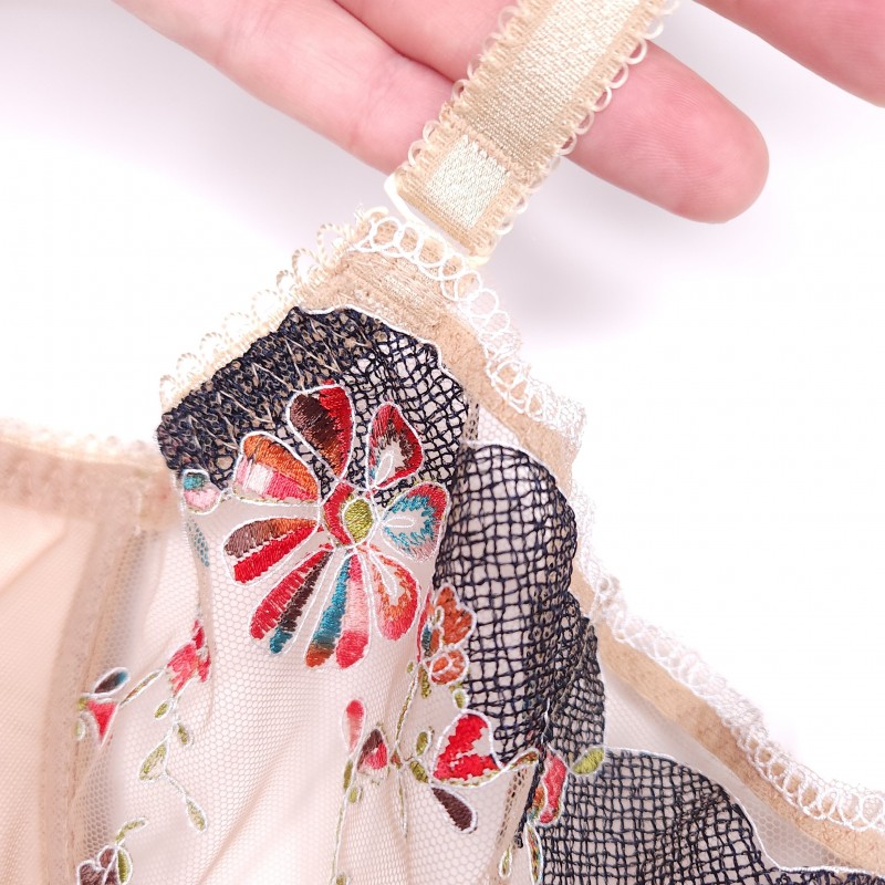 Floral Fantasy: Beige Balconette Bra for Men with Colorful Embroiderie