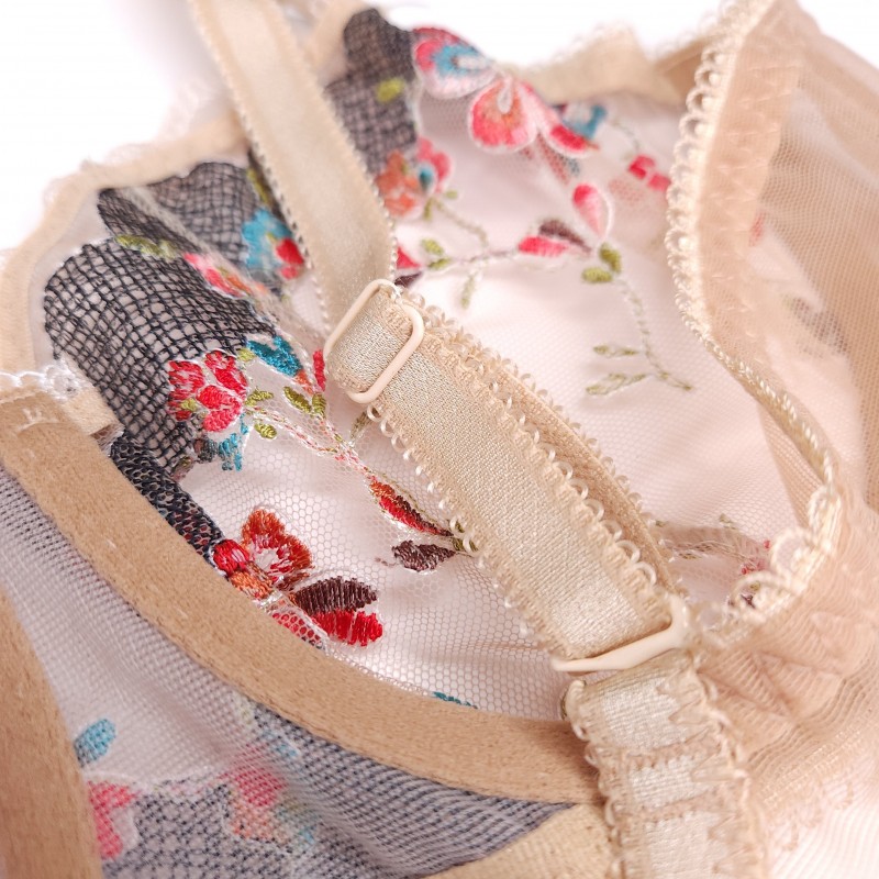 Floral Fantasy: Beige Balconette Bra for Men with Colorful Embroiderie