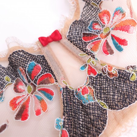 Floral Fantasy: Beige Balconette Bra for Men with Colorful Embroiderie