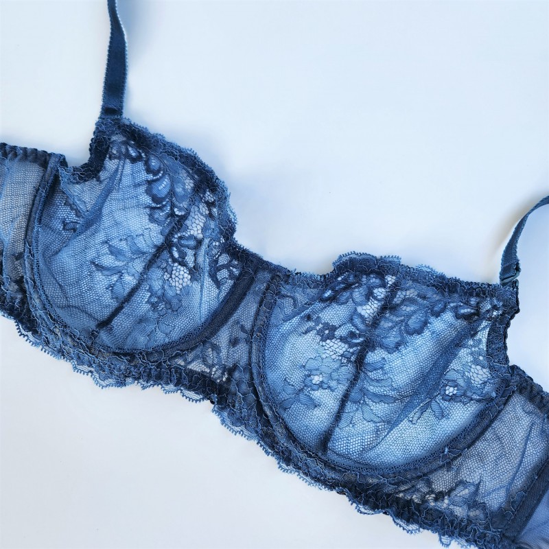 Blue Enchantment: Luxury See-Through Balconette Bra for Men