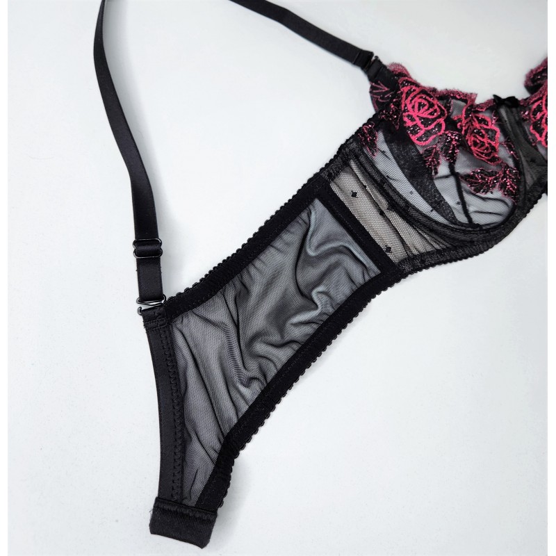 Floral Temptation for Men: Pink Rose Embroidered Mesh Bra