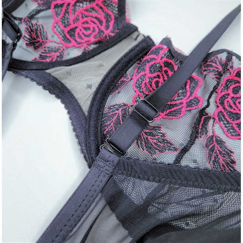 Floral Temptation for Men: Pink Rose Embroidered Mesh Bra