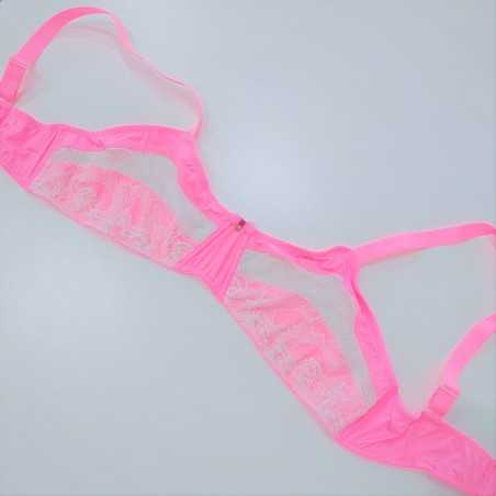 NeonLace Allure: Bold Neon Pink Luxury Bra for Men