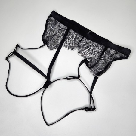 Mesh Marvel: Black Lace Strappy Garter Belt for Men - up to 4XL