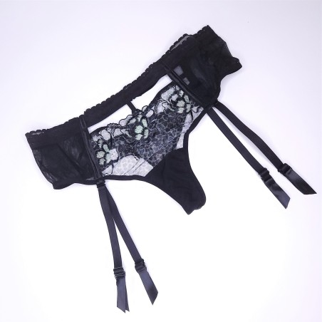 Black Leopard Sheer Lace Garter Belt-Thong for Men in Regular and Plus